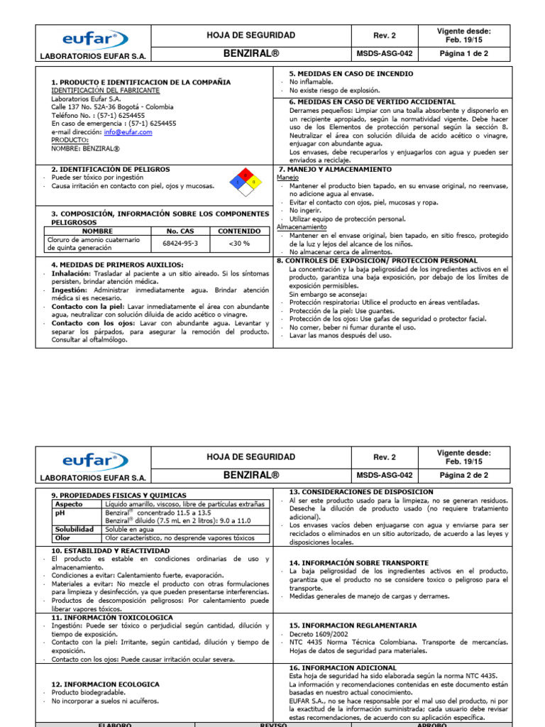 MSDS-ASG-42 Hoja de Seguridad Benziral | PDF | Sustancias químicas ...