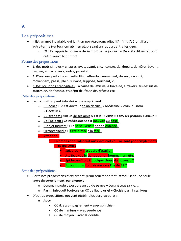 Les prépositions et leurs rôles | PDF | Pronom | Adposition