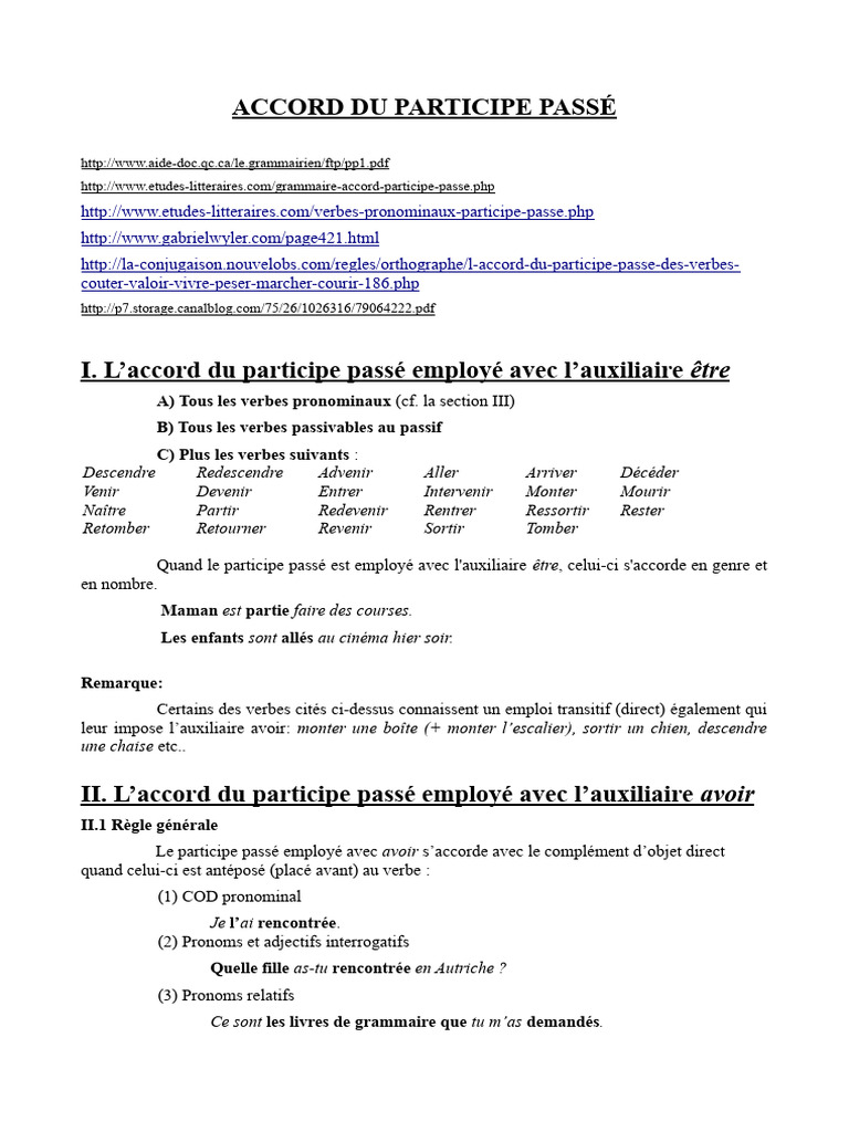 Accord du participe passé en français | PDF | Sujet (Grammaire) | Verbe