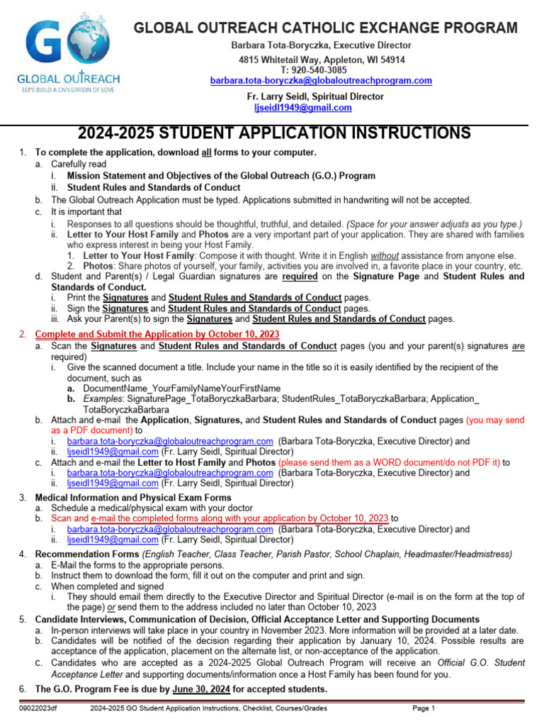 2024-2025 Global Outreach Application - Instructions Checklist Passport Visa Course Certificate ...