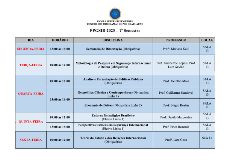Grade Horaria 2023 1 | PDF
