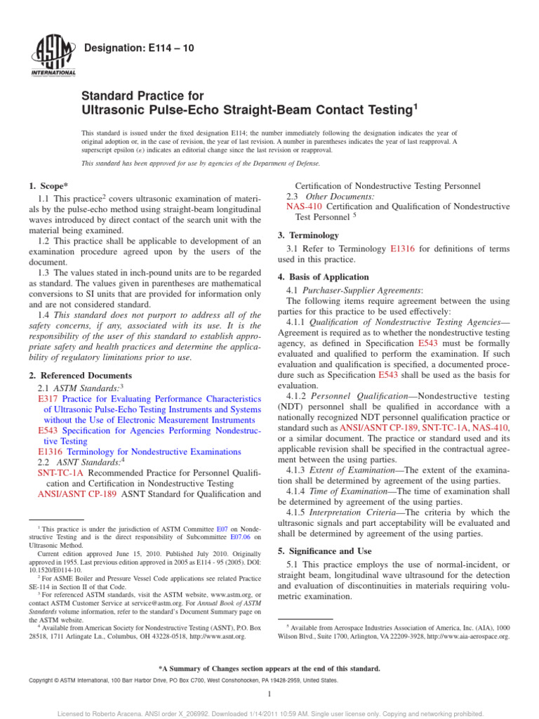 Ultrasonic Pulse-Echo Straight-Beam Contact Testing: Standard Practice ...