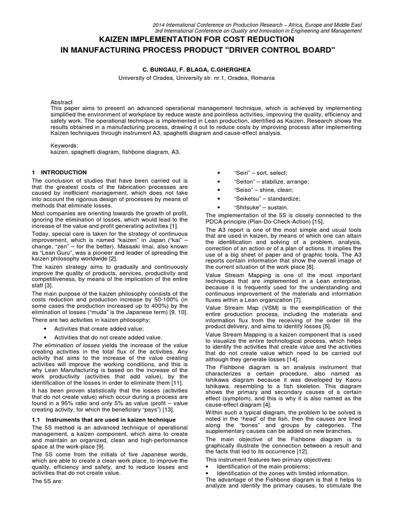 Kaizen Implementation For Cost Reduction In Manufacturing Process