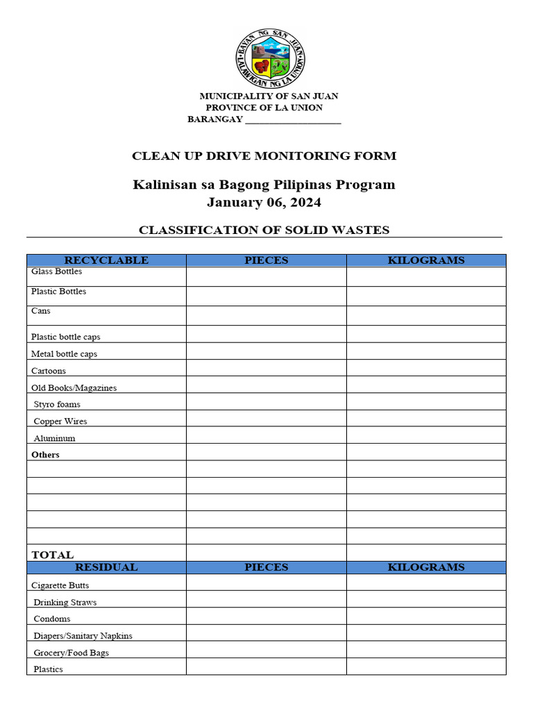 Kalinisan Sa Bagong Pilipinas Program - Report Form | PDF