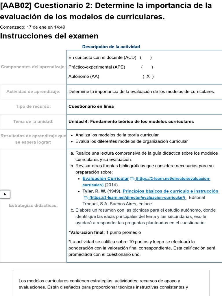 Examen - (AAB02) Cuestionario 2 - Determine La Importancia de La Evaluación de Los Modelos de ...