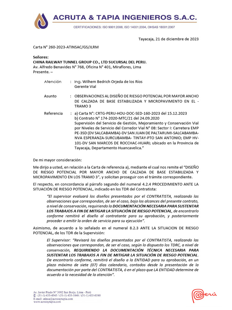 Carta #260 - Obs. Al Diseño de Riesgo Potencial Tramo3 | PDF | Presupuesto | Peatonal