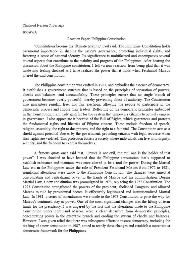 Reaction Paper - RIPH - Philippine Constitution - BARRUGA - BSSW1A | PDF