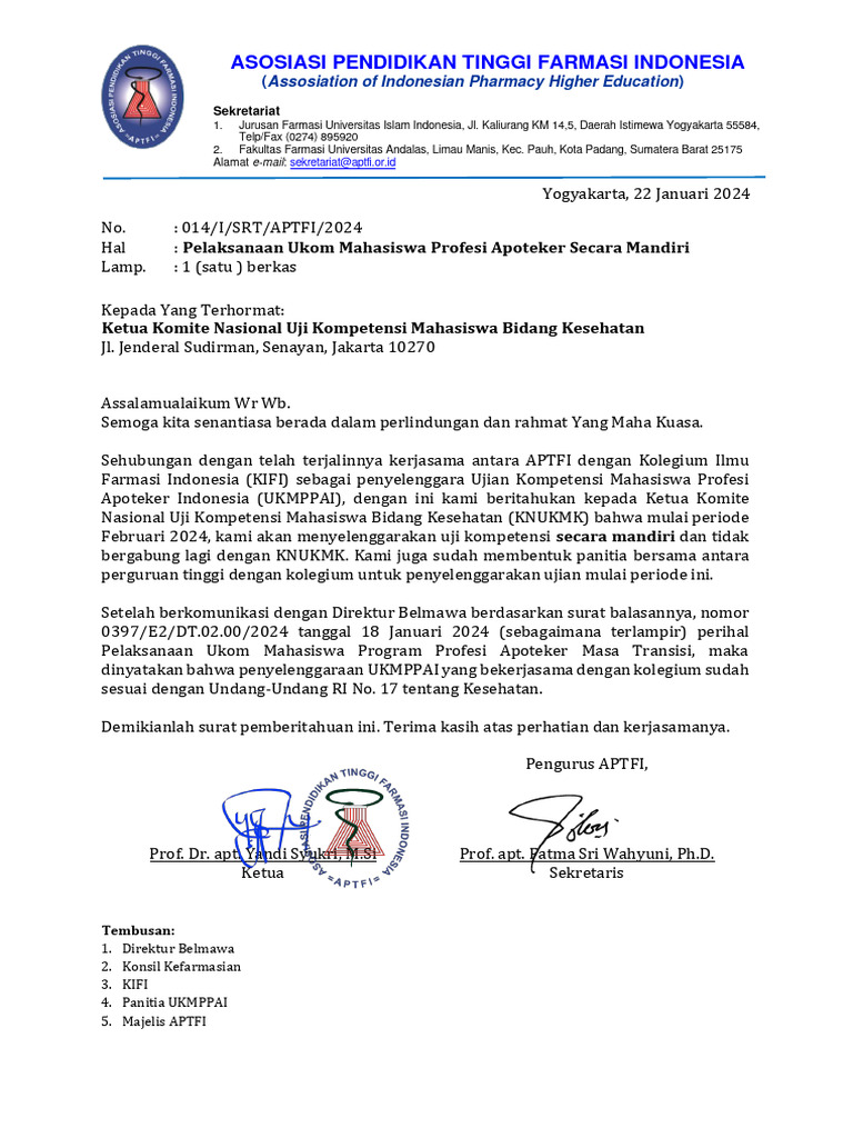 SRT Aptfi - Ukom Apoteker Secara Mandiri | PDF