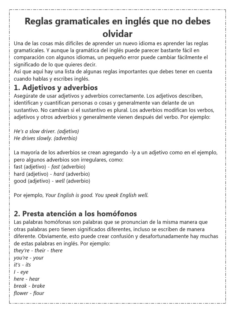 Reglas Gramaticales en Inglés Que No Debes Olvidar | PDF | Adverbio ...