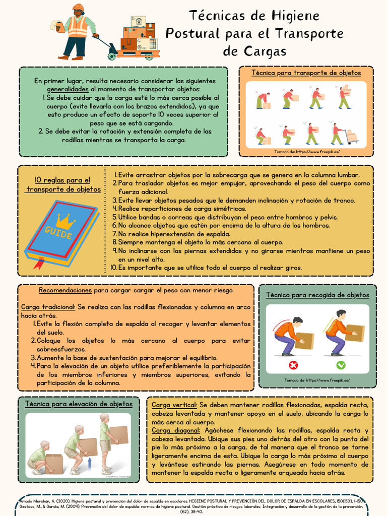 Infografía Técnicas de Higiene Postural para El Transporte de Cargas | PDF | Dolor lumbar | Rodilla