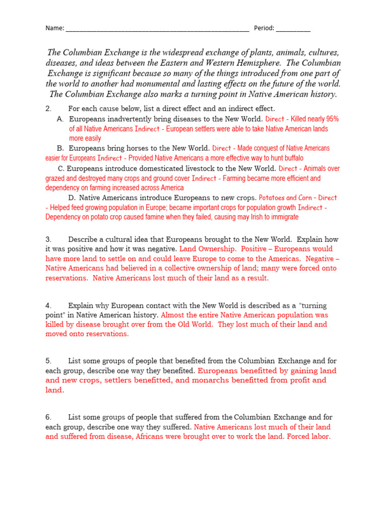 Columbian Exchange Answer Key | PDF