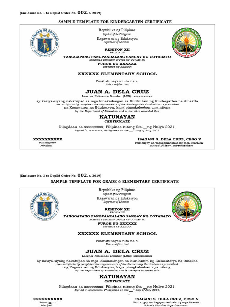 DepEd Certificate Templates Guide | PDF | Educational Stages | Primary ...