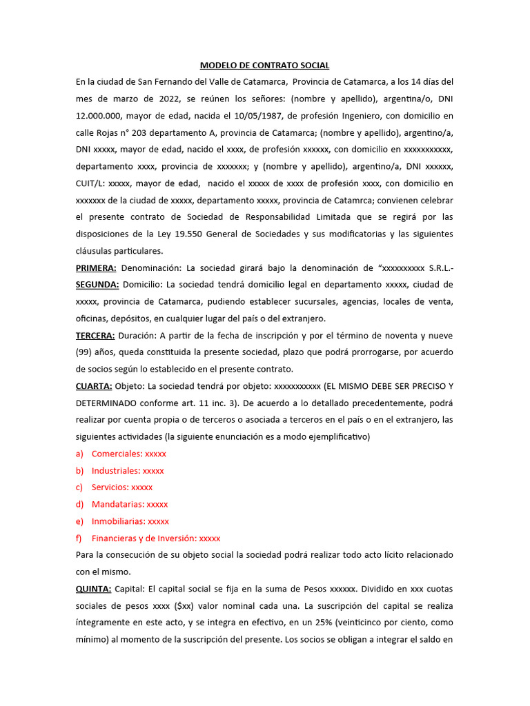 Contrato Modelo SRL (Sociedad de Responsabilidad Limitada) | PDF | Sociedad de responsabilidad ...