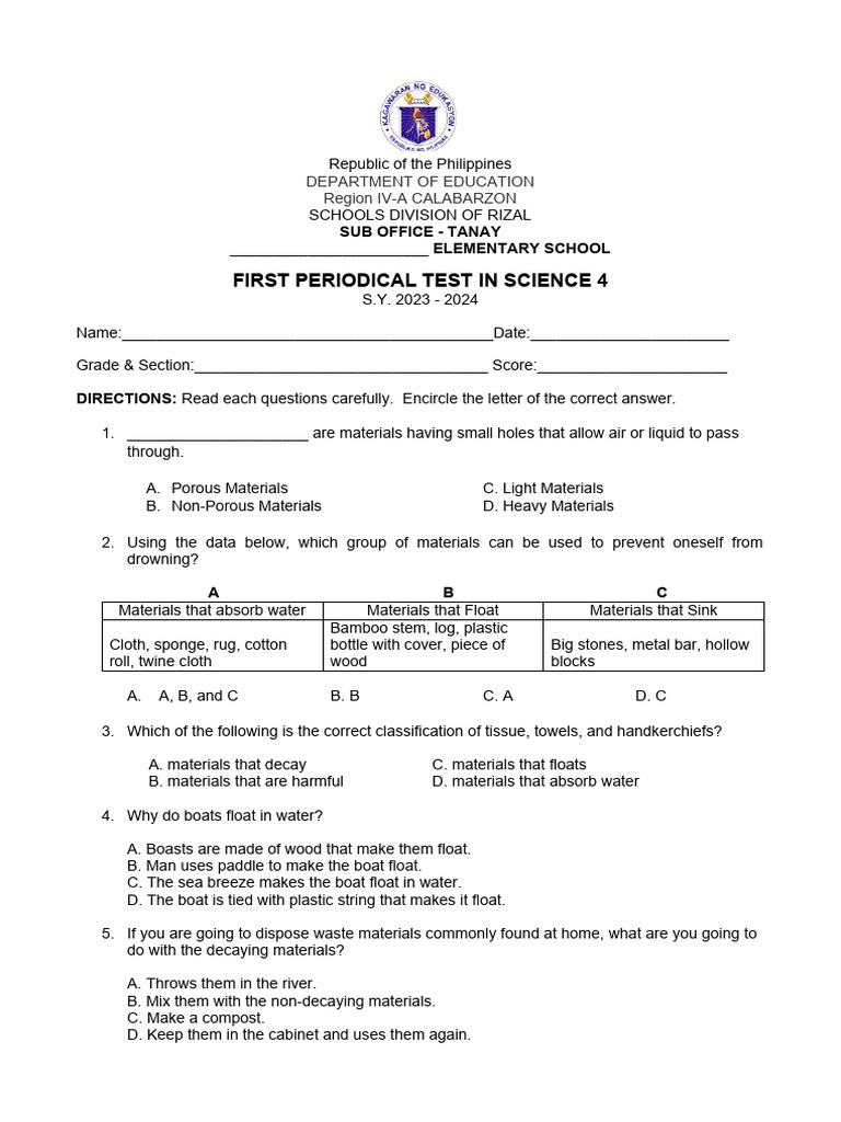 SCIENCE 4 First Periodical Test S.Y. 2023 2024 COPY 1 | PDF | Mixture ...
