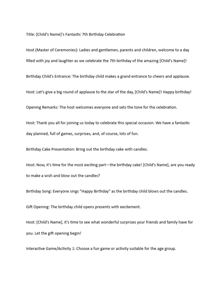SCRIPT FOR 7th Birthday | PDF | Cooking, Food & Wine | Language Arts ...