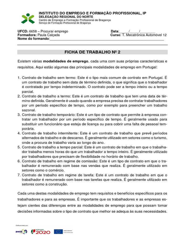 4 - Ficha de Trabalho Nº 2 - Modalidades de Emprego | PDF