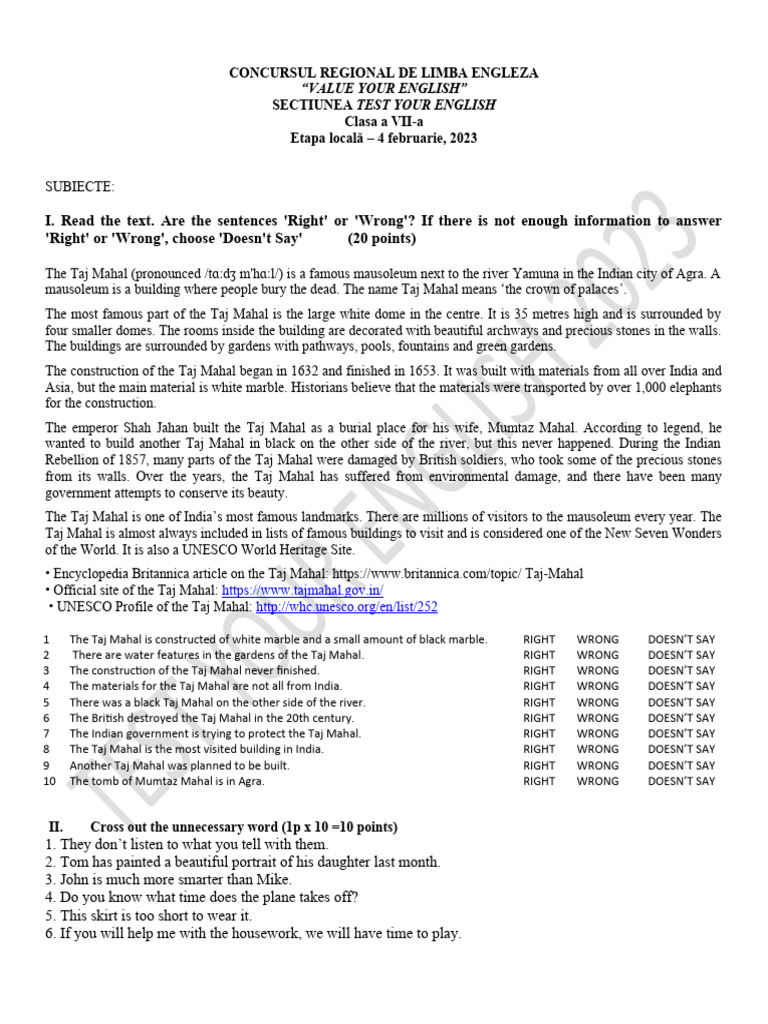 Subiecte Clasa A Vii A, Tye 2023, Et Locala-2 | PDF