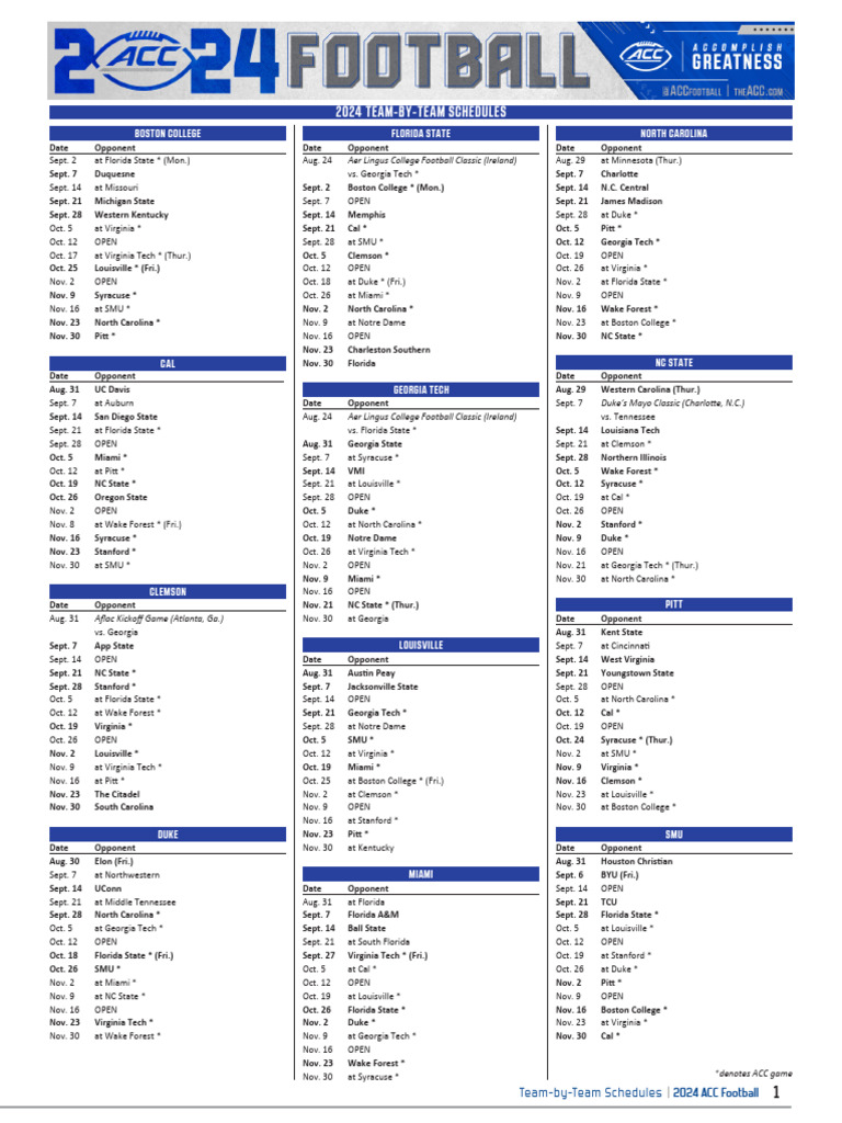 2024 ACC Football Team Schedules | PDF | Atlantic Coast Conference ...