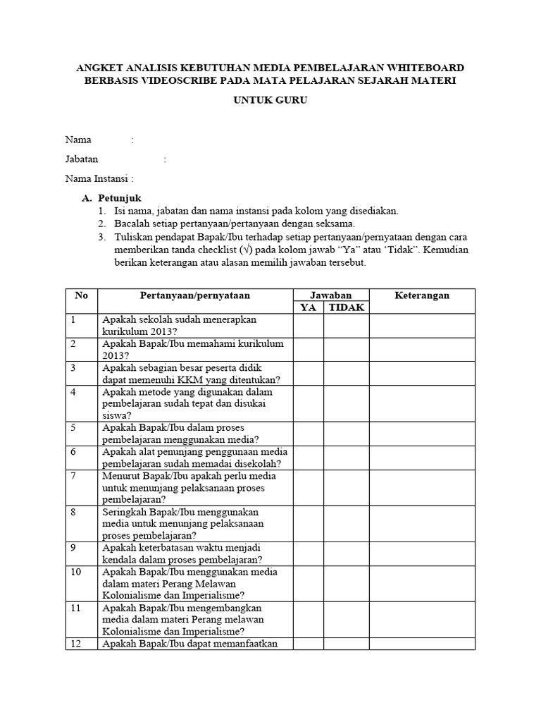 Angket Analisis Kebutuhan Media Guru | PDF | Ilmu Sosial | Kesehatan Holistik