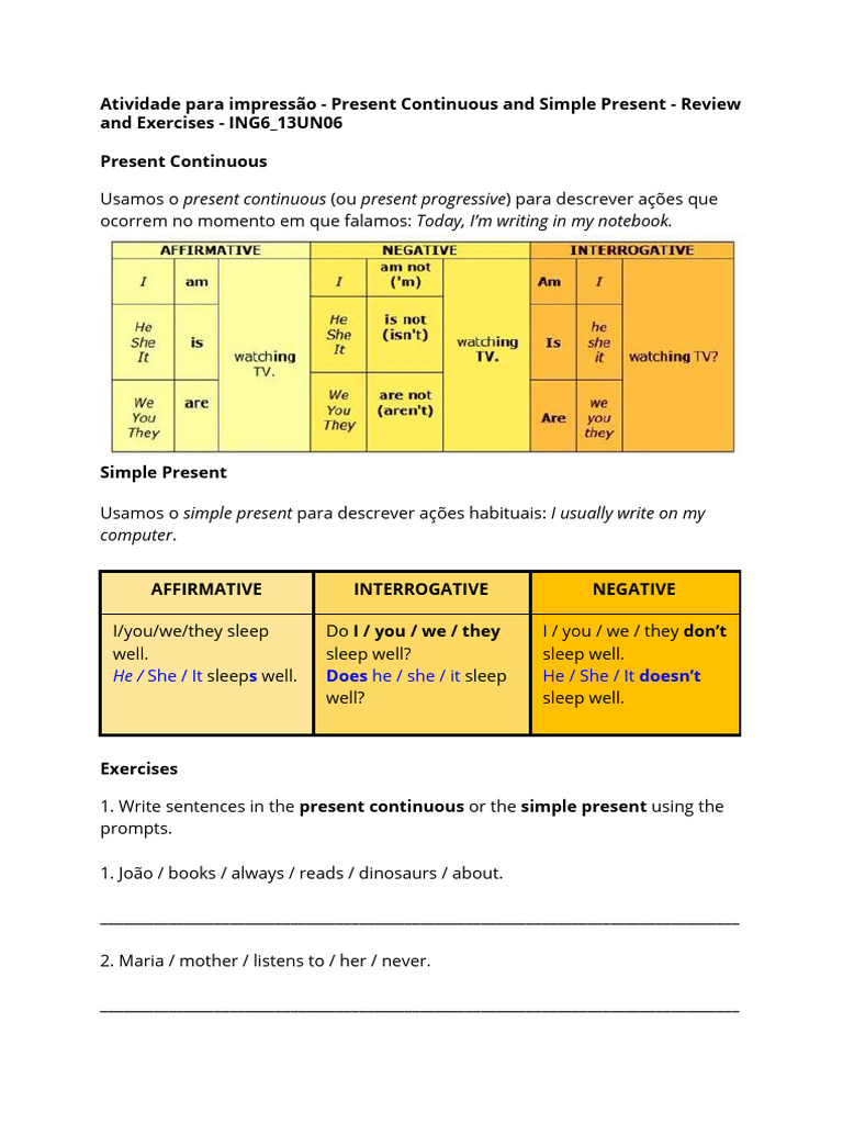 Atividade para Impressao Present Continuous and Simple Present Review and Exercises Ing6 13un06 ...