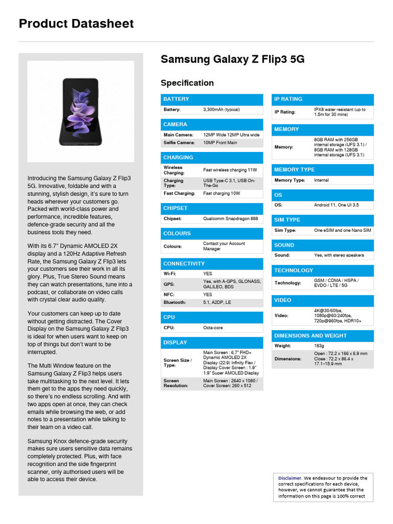 Samsung Galaxy Z Flip3 SM F711B 5G - Datasheet | PDF | Personal ...