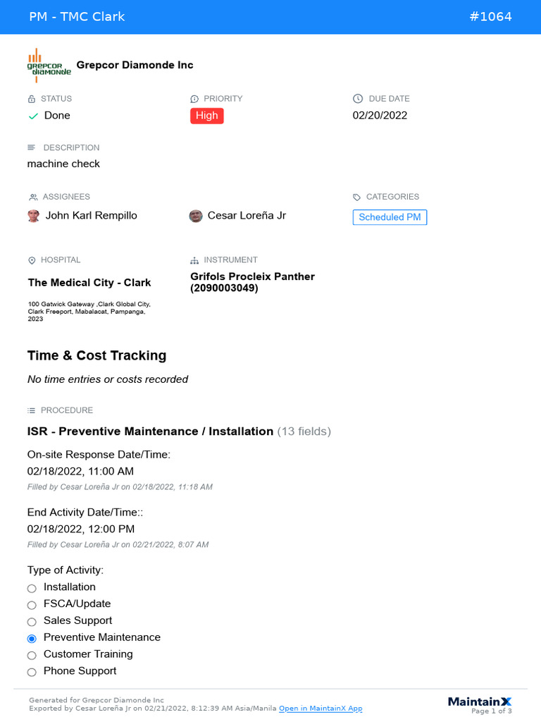 Service Ticket #1064 - PM - TMC Clark | PDF