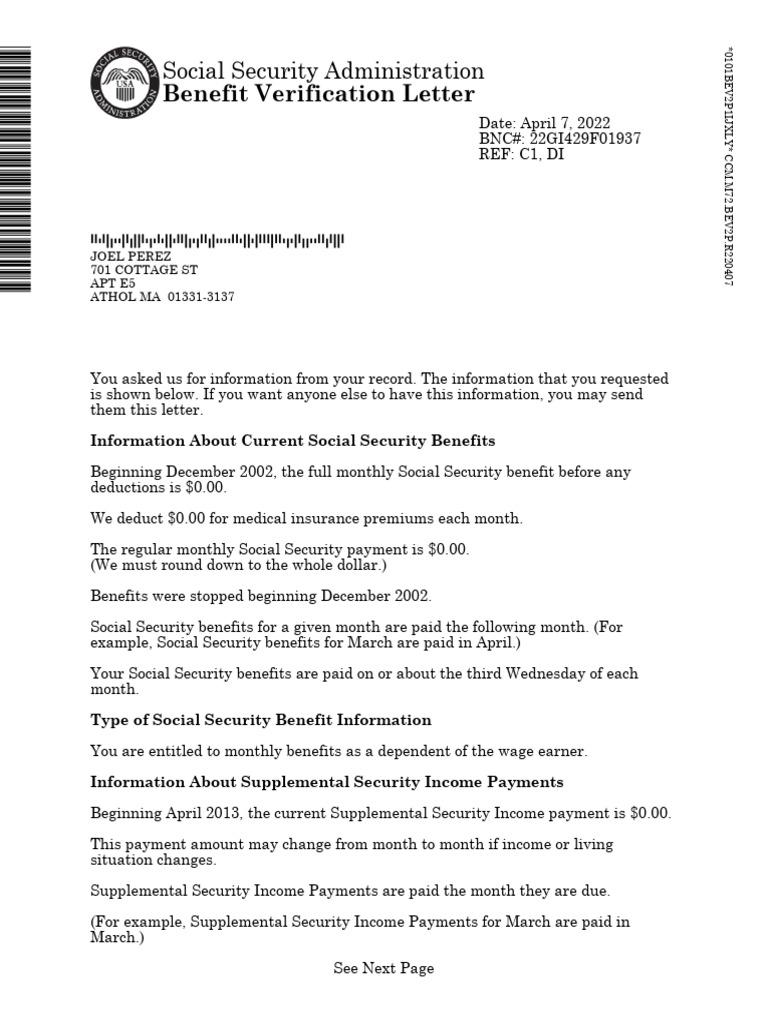 Benefit Verification Letter | Download Free PDF | Social Security ...