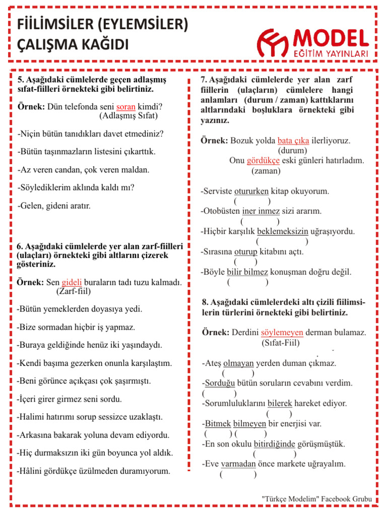 8.sinif Turkce Fiilimsiler Etkinlikleri Test Sorulari Ve Cevaplari | PDF