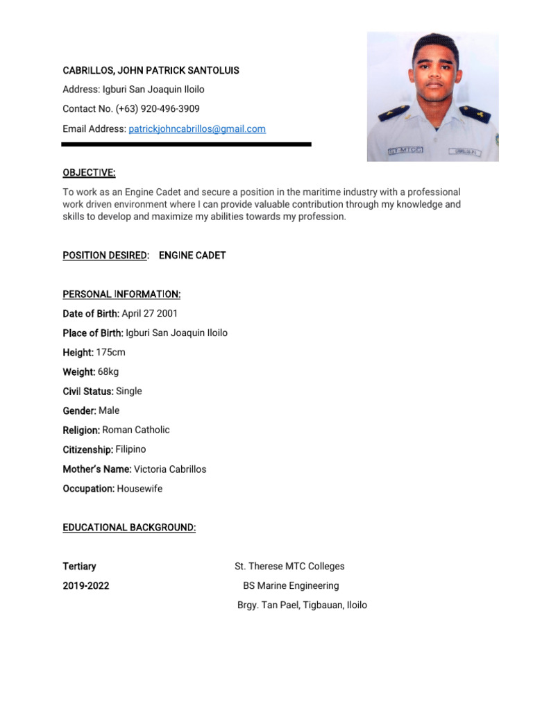 John Patrick Cabrillos - Engine Cadet Resume | PDF | Social Science ...