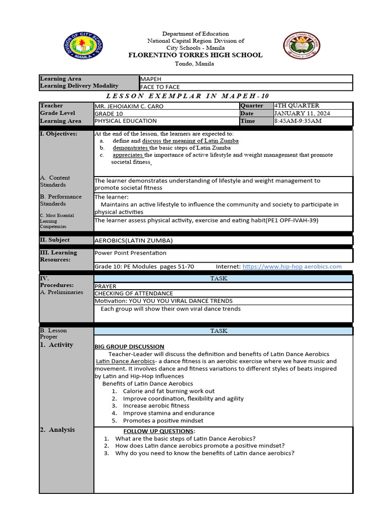CO2 PHYSICAL EDUCATION Lesson Exemplar 2024 Edited | PDF | Learning | Physical Fitness