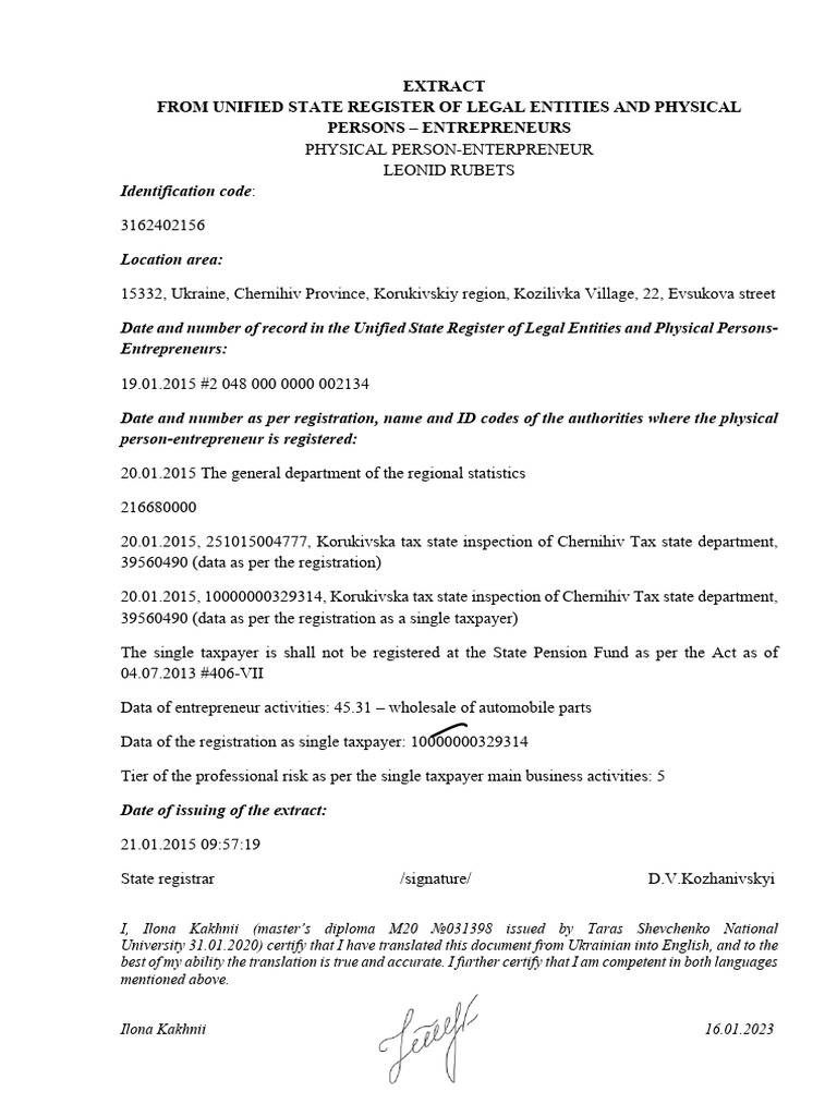 Leonid Rubets Business Registration | PDF | Politics
