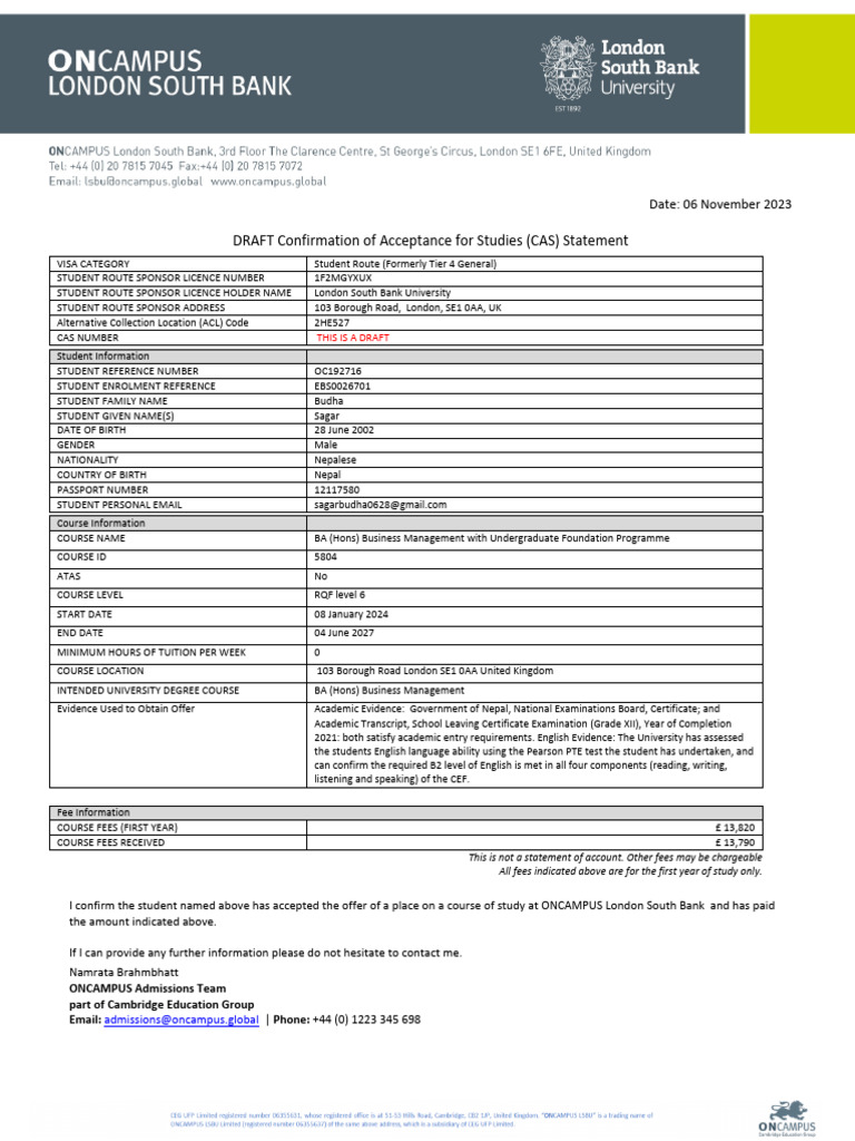 UK Student Visa CAS Statement | PDF | Bachelor Of Arts | Qualifications