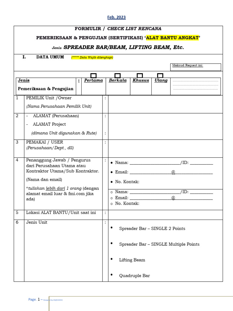0#unit Jenis Spreader Bar Etc - Form Permintaan Sertifikasi - Feb.2023 ...