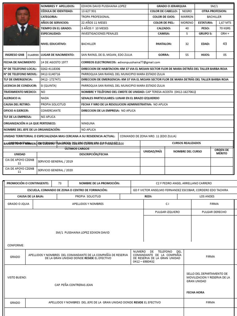 Planilla de Inscripcion A La Reserva de La GNB (Norver Cruz) | PDF