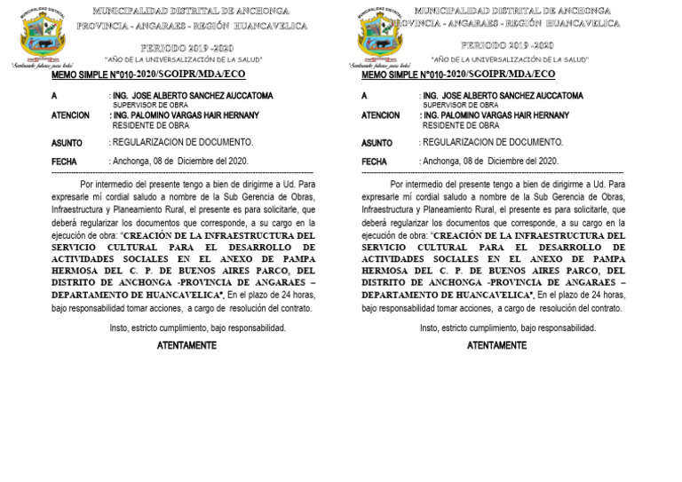 Memo Simple. #010-2020 Regularizacion de Documento Pampa Hermosa | PDF