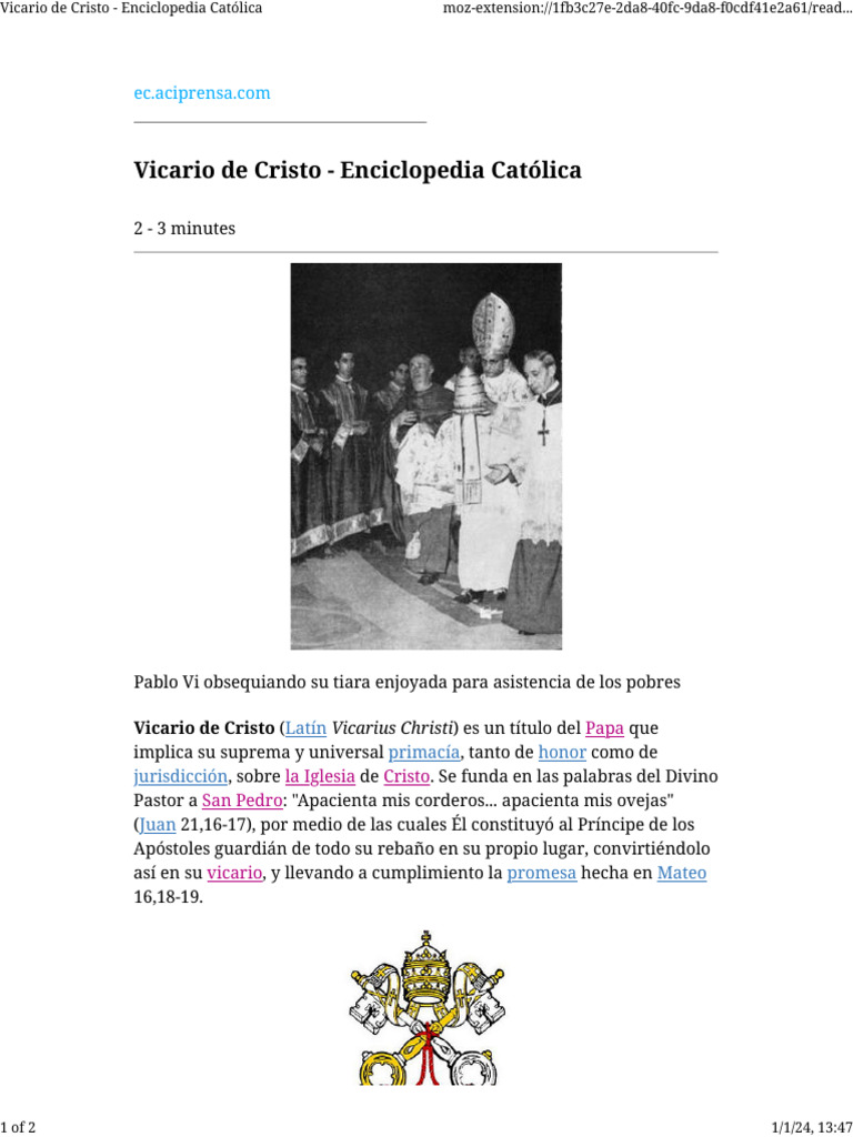 Vicario de Cristo - Enciclopedia Católica | PDF | Papa | Cristo (título)