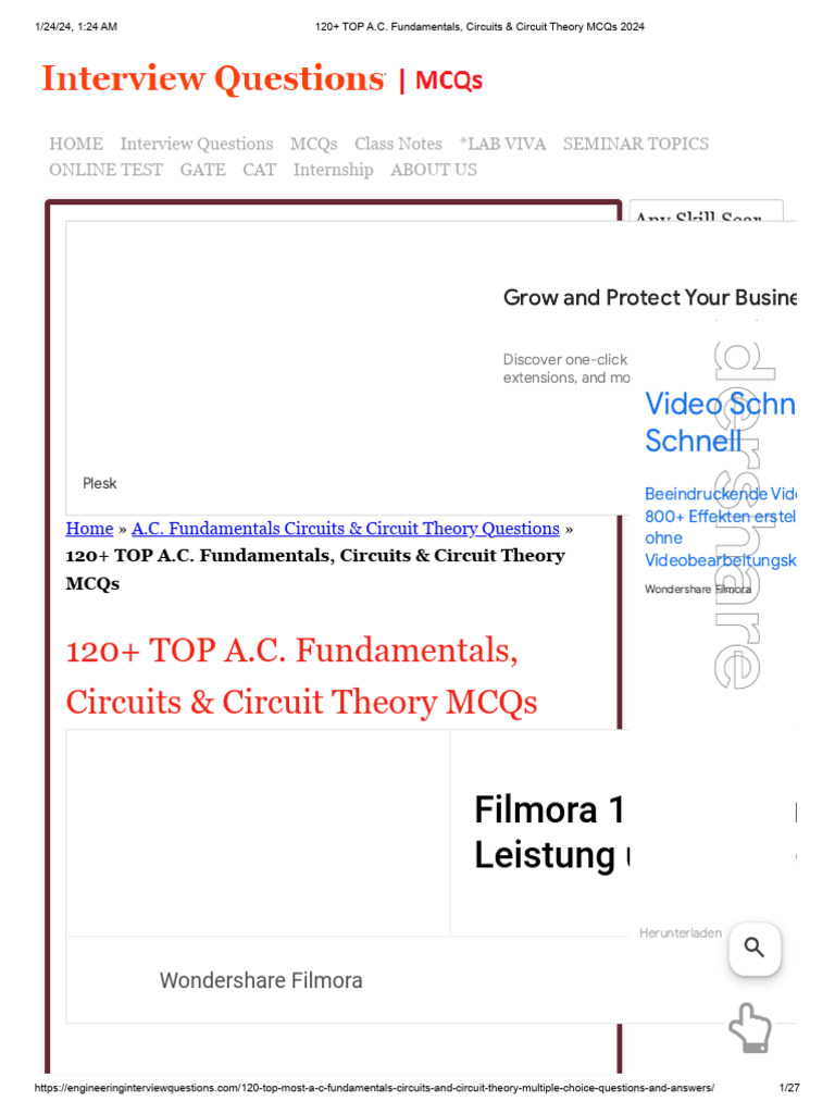 A.C. Fundamentals, Circuits & Circuit Theory MCQs 2024 | PDF