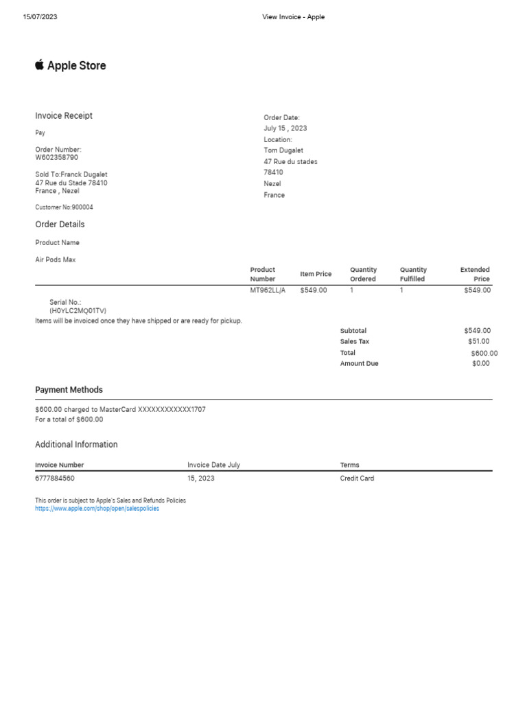 Apple Invoice for AirPods Max | PDF | Invoice | Business Economics