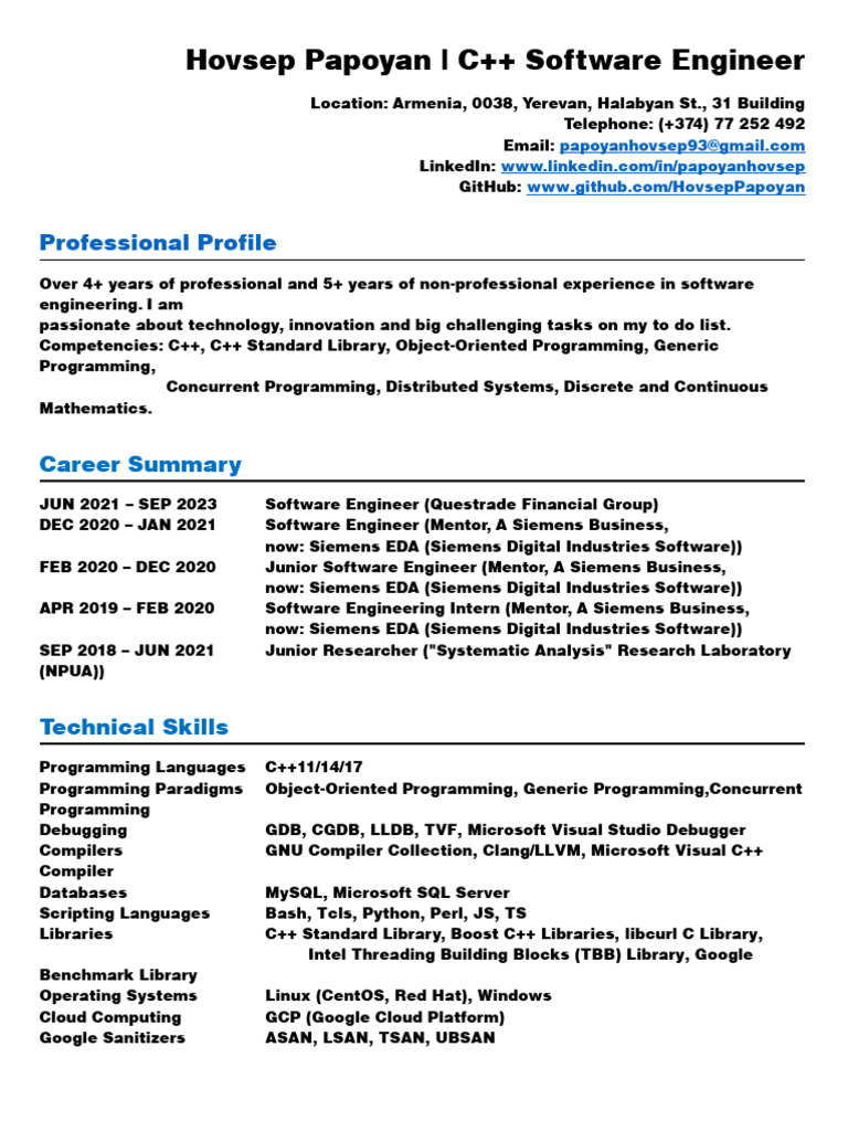 Hovsep Papoyan - C++ Software Engineer: Professional Profile | PDF | Computer Programming ...
