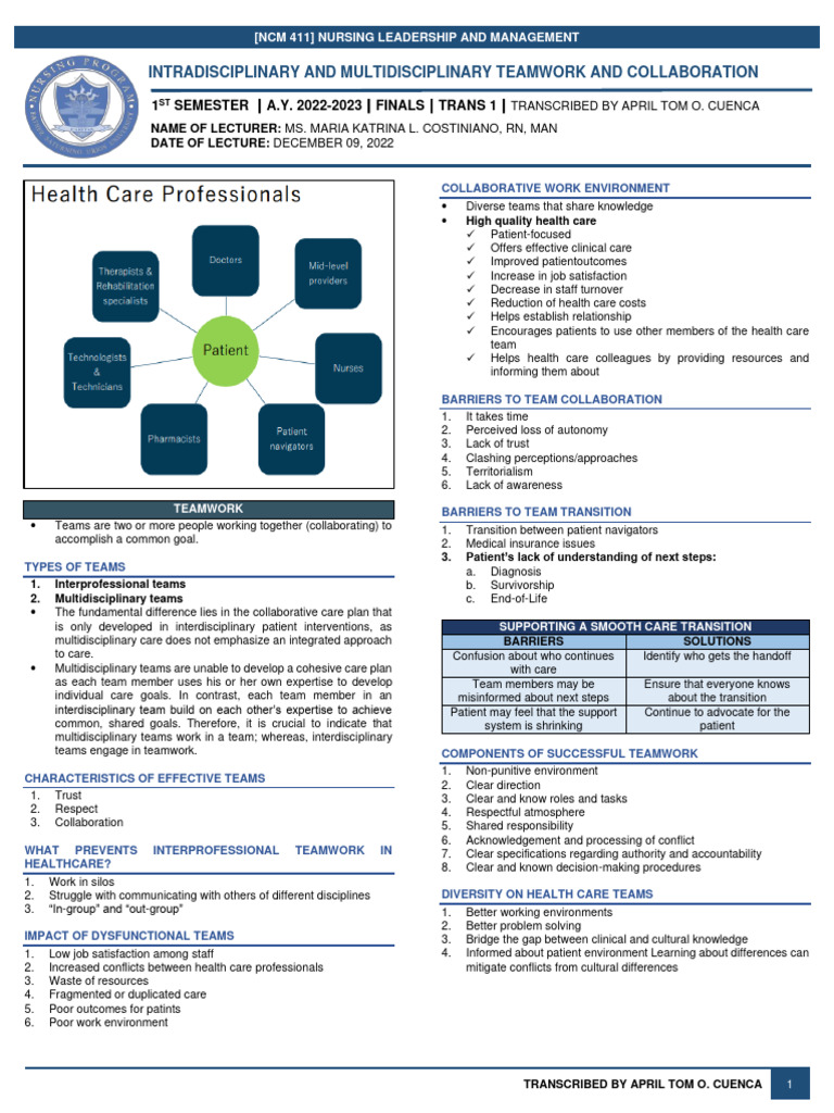Teamwork in Nursing: Inter vs. Intra | PDF | Interdisciplinarity ...