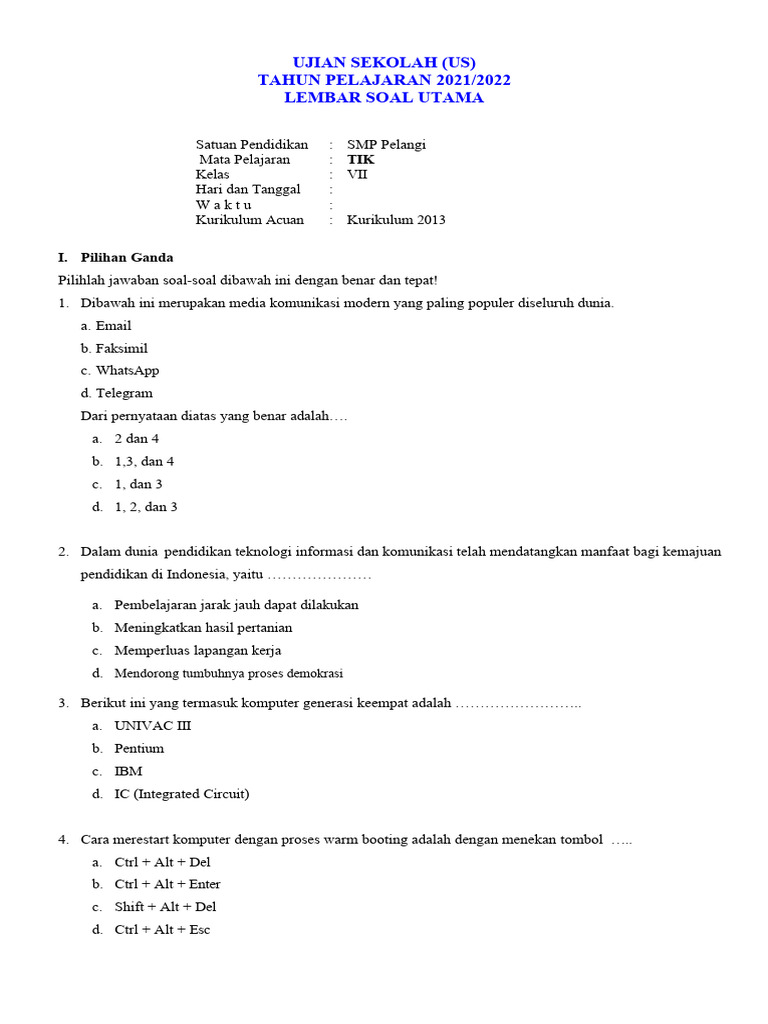 Soal Ujian TIK Kelas VII | PDF