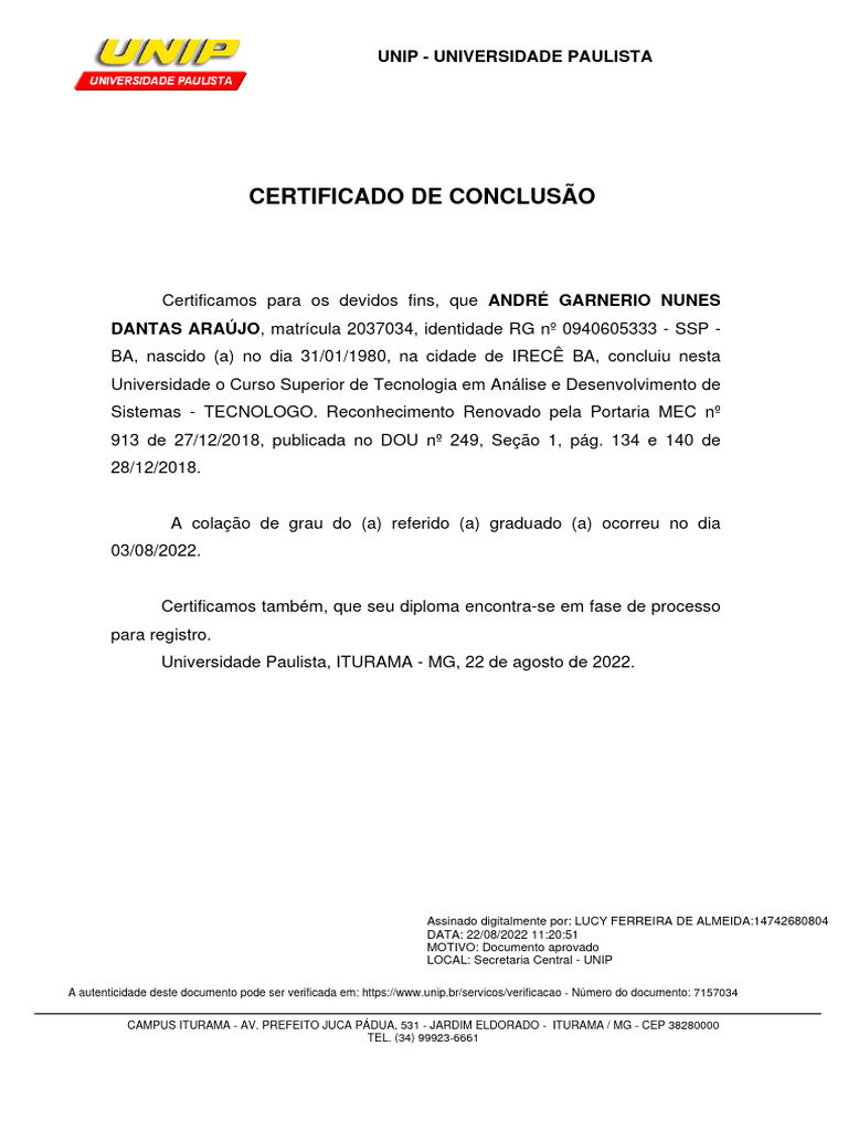 Certificado de Conclusão UNIP - André Dantas | PDF