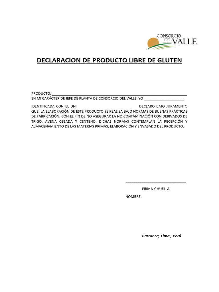Declaracion de Producto Libre de Gluten | PDF