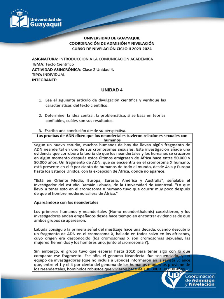 Tarea - U4 - Clase 2 - S6 | PDF | neanderthal | Genoma
