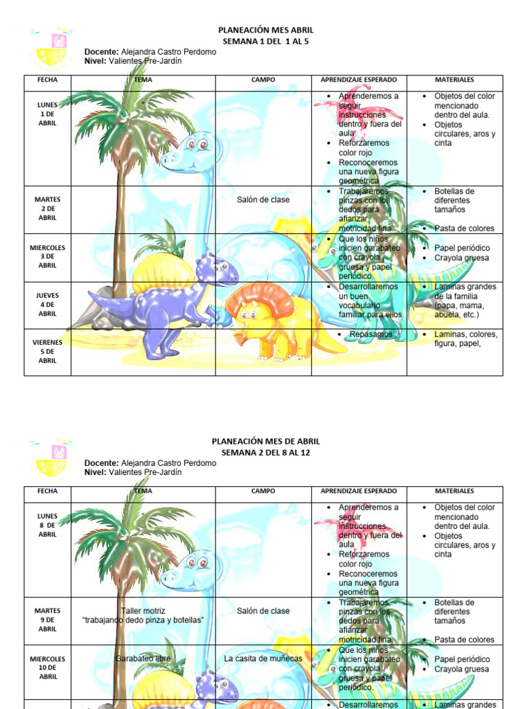Plan Quincenal Preescolar Abril | PDF | Salón de clases