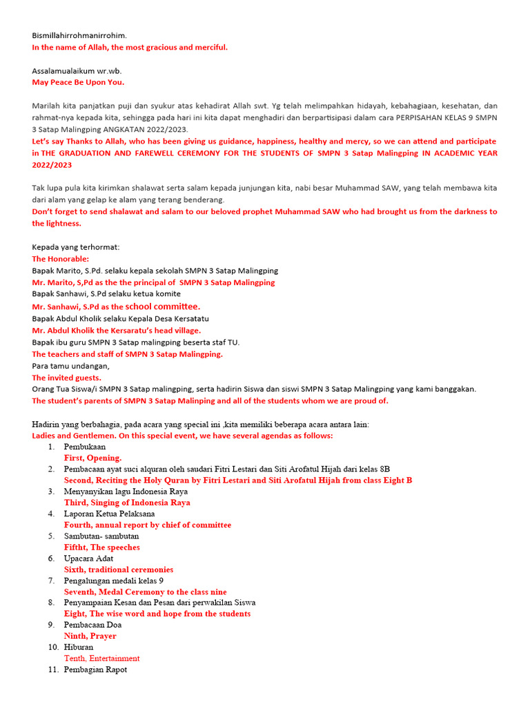 Susunan Acara Perpisahan Sekolah 2 Bahasa | PDF