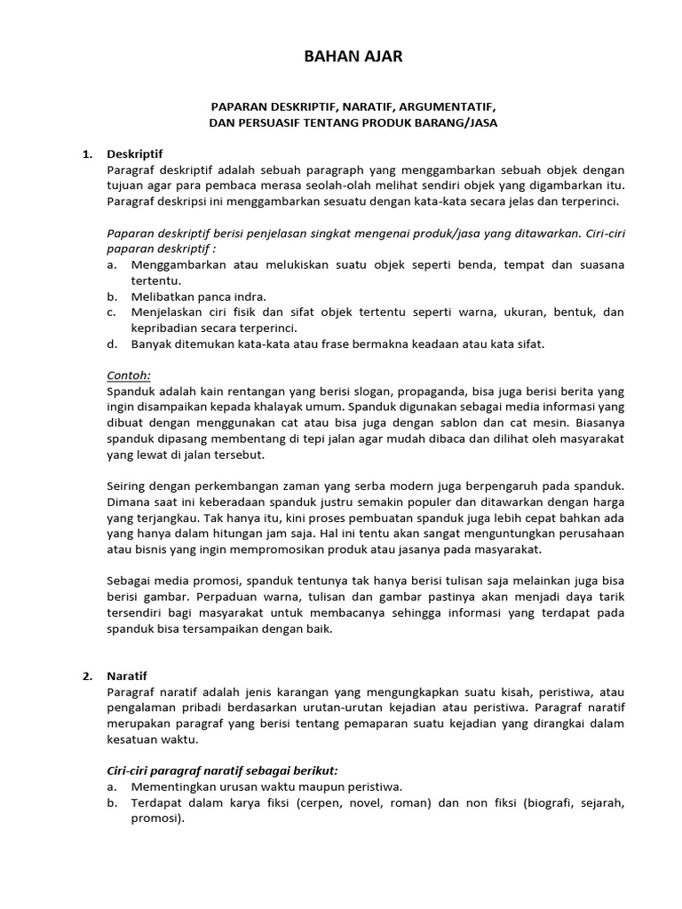 Bahan Ajar Paparan Deskriptif, Naratif, Argumentatif, Dan Persuasif Tentang Produk Barang:Jasa ...