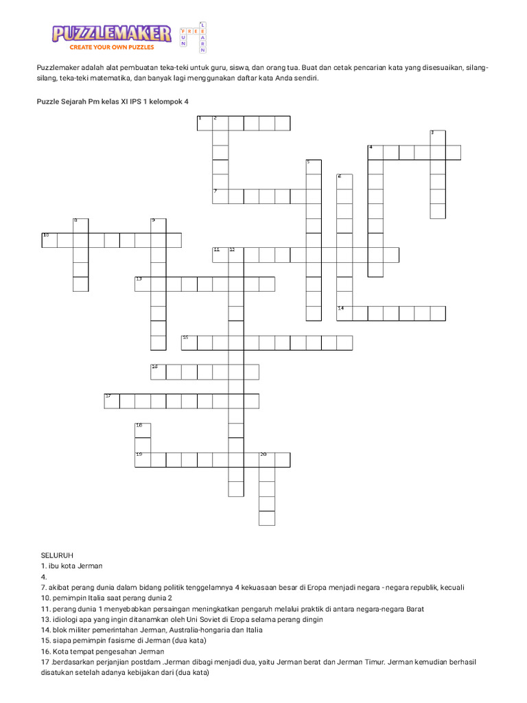 Teka Teki Silang Sejarah Peminatan Kelas 11 Ips Materi Perang Dunia 1 Dan Pearang Dunia 2 | PDF ...