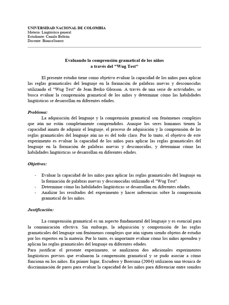 Evaluación gramatical infantil con Wug Test | PDF | Aquisición de ...