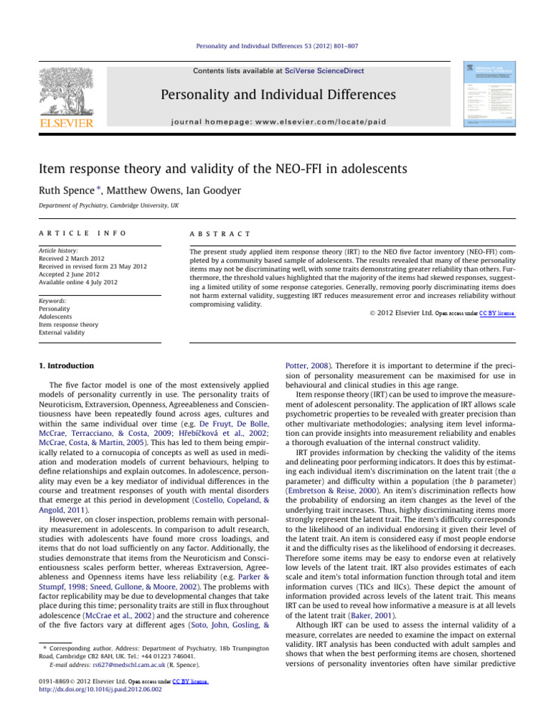 NEO-FFI Validity in Adolescents | PDF | Extraversion And Introversion ...